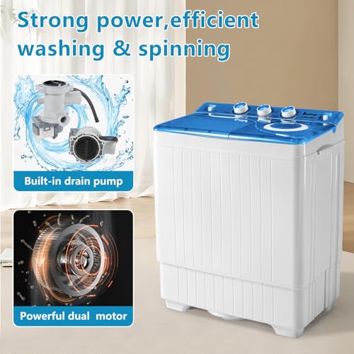 26Lbs Portable Washing Machine and Dryer, Twin Tub Portable Washer Dryer Combo with Drain Pump, Semi-Automatic 18Lbs Washer Mini Laundry Machine with 8Lbs Spinner for Dorms, Apartments, RVs, Blue