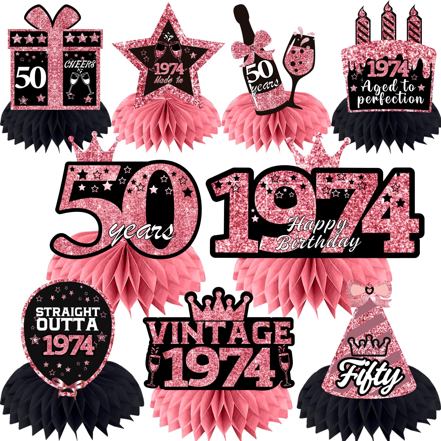 9pcs Rose Gold 50th Birthday Table Decorations for Women, 50 and Fabulous Decorations Vintage 1974 Age to Perfection 50th Bday Decorations Women Fifty Party Honeycomb Decorations Table Topper cocomigo