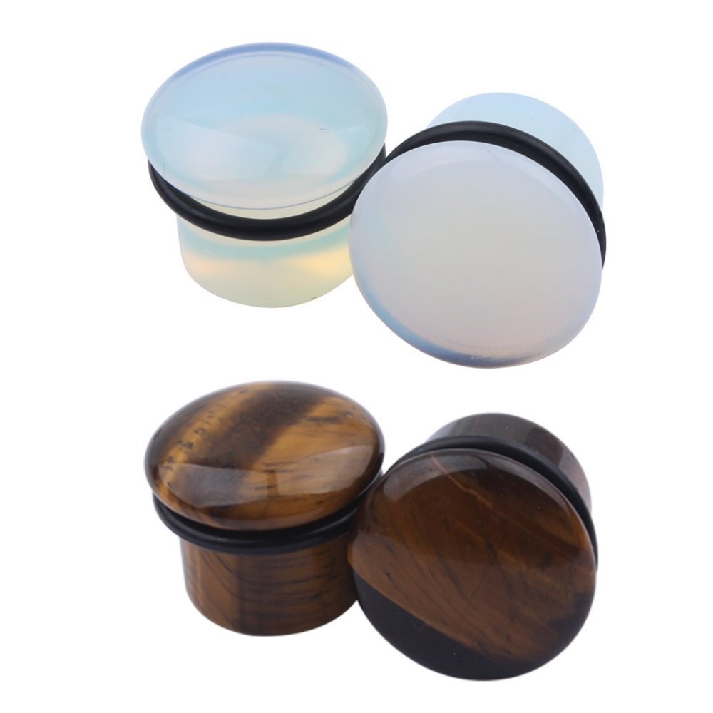 2 Pairs Set Clear Opalite Moonstone Tiger Eye Ear Plugs Expander With O-Ring Body Piercing (Plug gauge=5mm(4G))