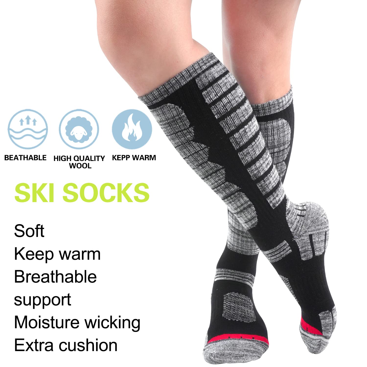 2 Pairs Ski Socks Womens Mens, Cold Weather Socks for Skiing, Snowboarding, Winter Warm Knee High Socks