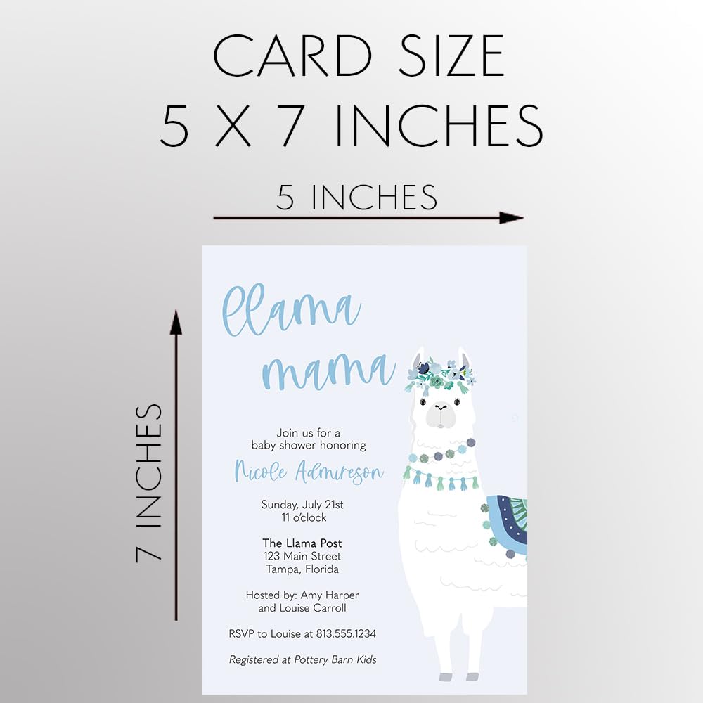 Llama Baby Shower Invitations Llama Mama Invites Blue Boy Boho Bohemian Fiesta Alpaca Custom Personalized Printed Cards (12 count)
