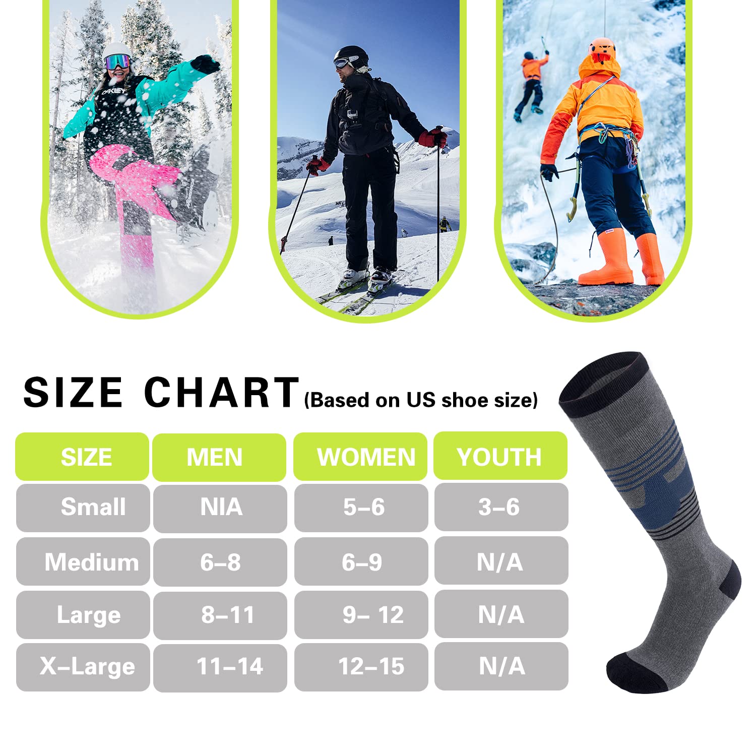 2 Pairs Ski Socks Womens Mens, Cold Weather Socks for Skiing, Snowboarding, Winter Warm Knee High Socks (02 Assorted 2 Pairs, Large)