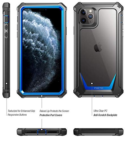 iPhone 11 Pro Case, Poetic Full-Body Hybrid Shockproof Rugged Clear Bumper Cover, Built-in-Screen Protector, Guardian Series, Case for Apple iPhone 11 Pro (2019) 5.8 Inch, Blue/Clear