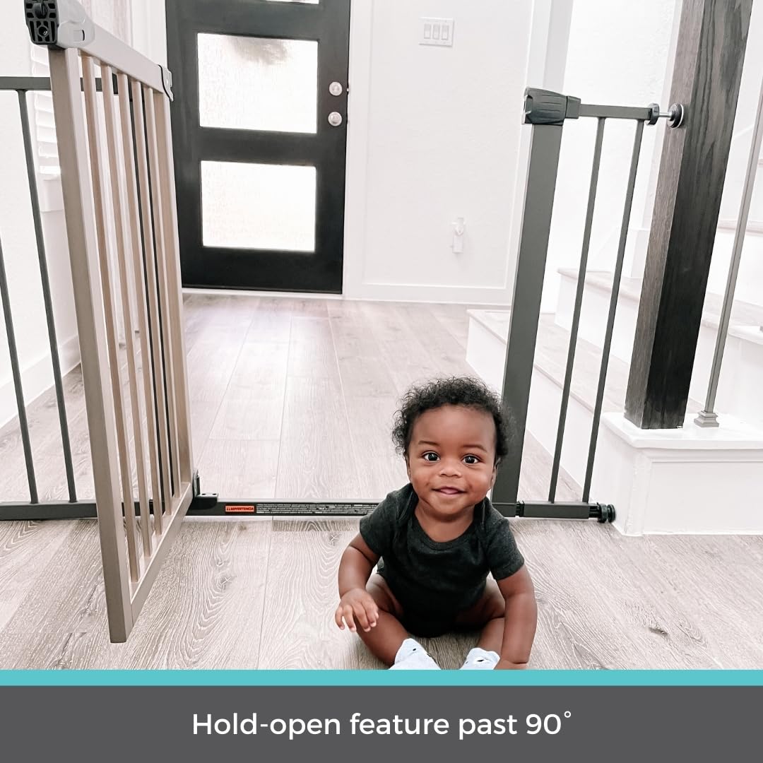 Toddleroo by North States Driftwood Extra Wide Auto Close Baby Gate: Self-Closing Child Gate with Hold-Open Feature. Pressure Mounted Baby Gate, Fits 29.75β to 52β Wide. (30" Tall, Graphite and Wood)