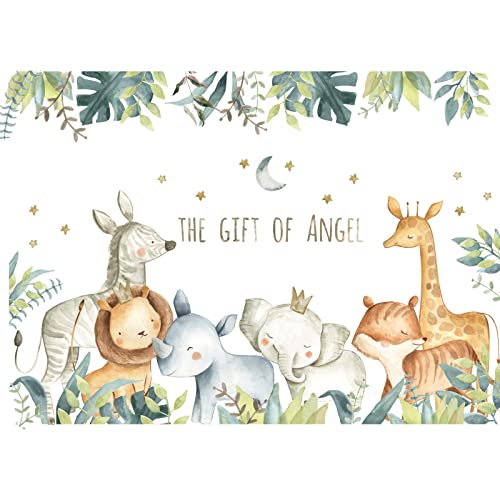 Animals Wall Sticker Green Leaves Wall Decal Cute Elephant Giraffe Zebra Wall Decals Cartoon Moon Stars Wall Mural for Nursery Kids Room