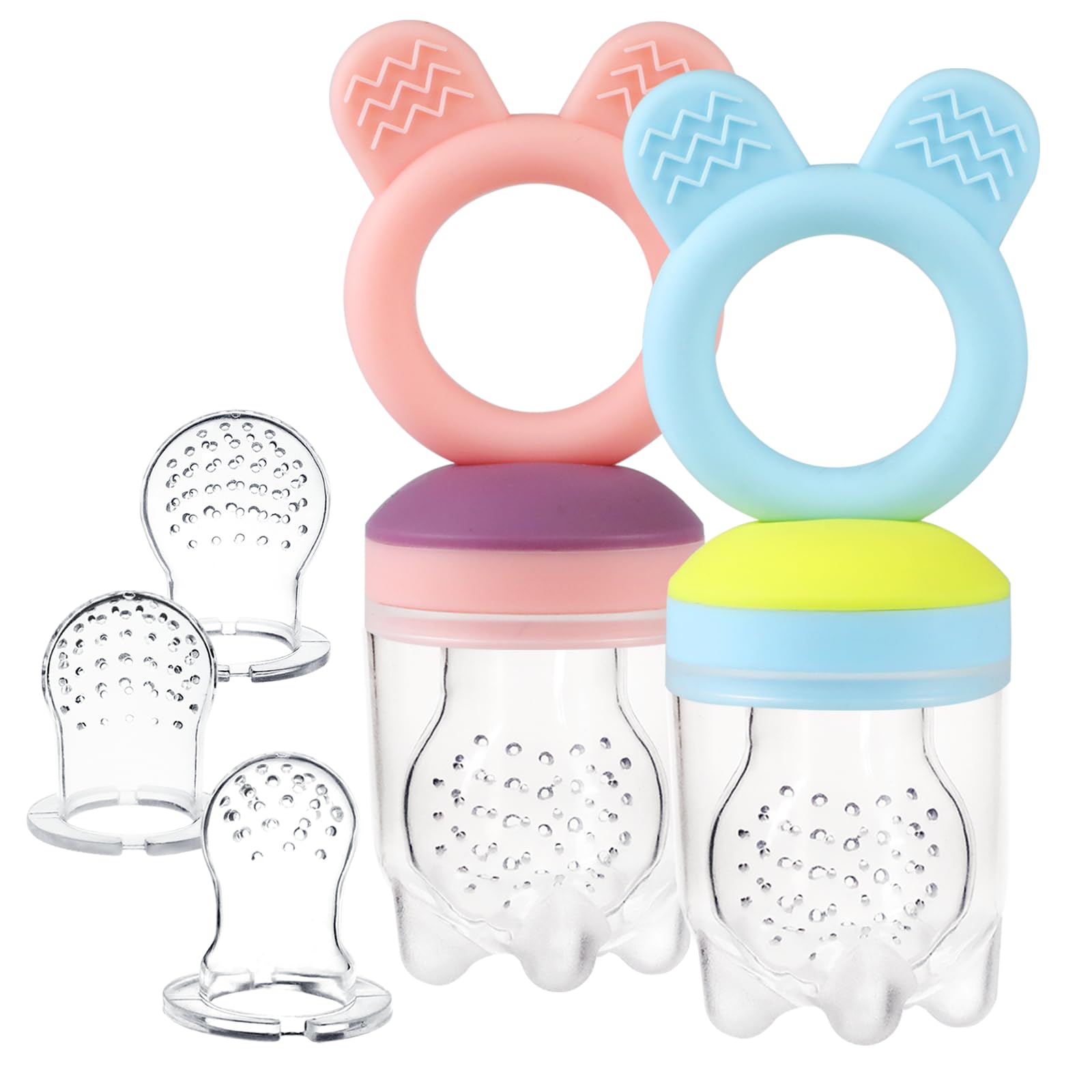 Baby Fruit Food Feeder PacifierTeether Toys Set - Silicone Fresh Food Feeder Teether with 2 mesh Silicone Bags and Teething Toys All in One Infant Teether Toys