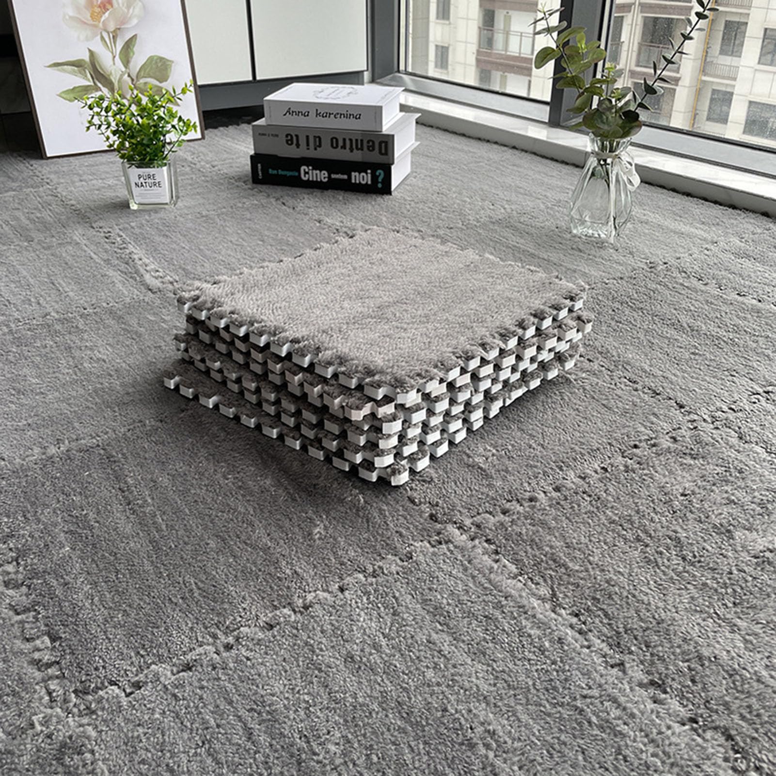 20pcs/19.38sqft Interlocking Carpet Tiles Plush Foam Mats 12"X12" X0.4" Square Foam Floor Mat Tiles DIY Cuttable Washable Soft Climbing Carpet Mats are(Size:30x30x1cm,Color:Black)