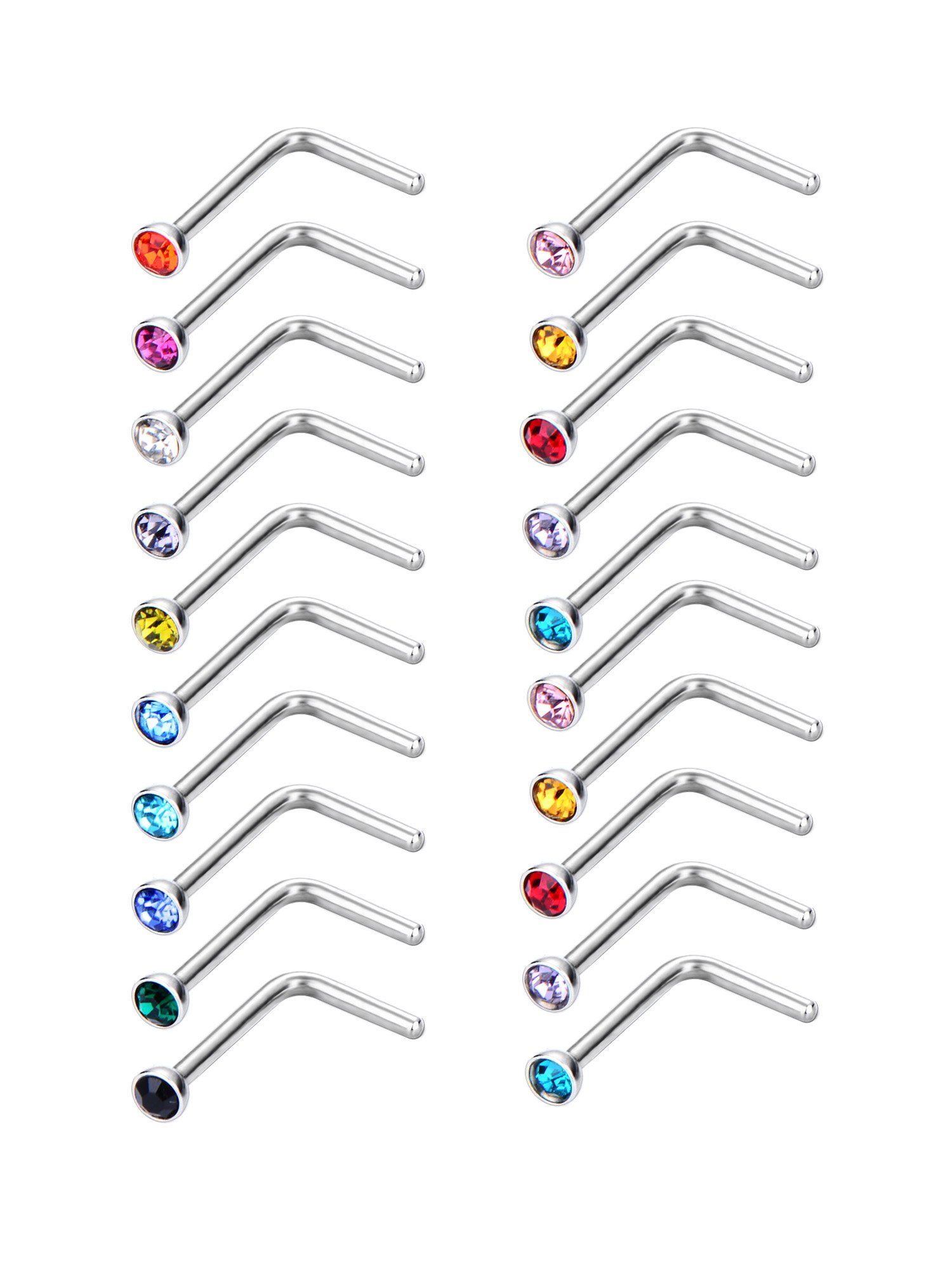 20 Pieces L Shaped Nose Studs 20 Gauge Stainless Steel Nose Piercing Studs L Bend Shape Ring for Body Jewelry, Assorted Colors