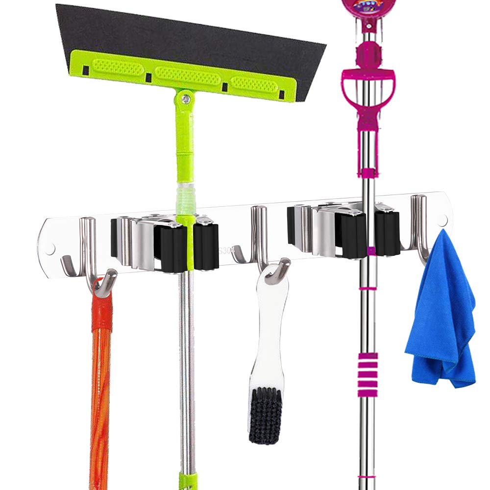 KLJ wall mounted Mop Broom Holder Wall Mount stainless steel,suitable for Home kitchen, bathroom, garage .with 2 shelves and 3 hooks
