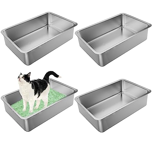 hannger Stainless Steel Cat Litter Box, 4 Pack Extra Large High Sided Cat Litter Box, Metal Litter Box for Cats and Rabbit, Odor Control Litter Pan, Easy to Clean, 23.4" L x 15.7" W, 5.9" Deep