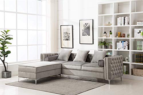 Legend Vansen Reversible L Shaped Velvet Sofa Chaise with Ottoman for 3seats Large Size Sectional, Grey