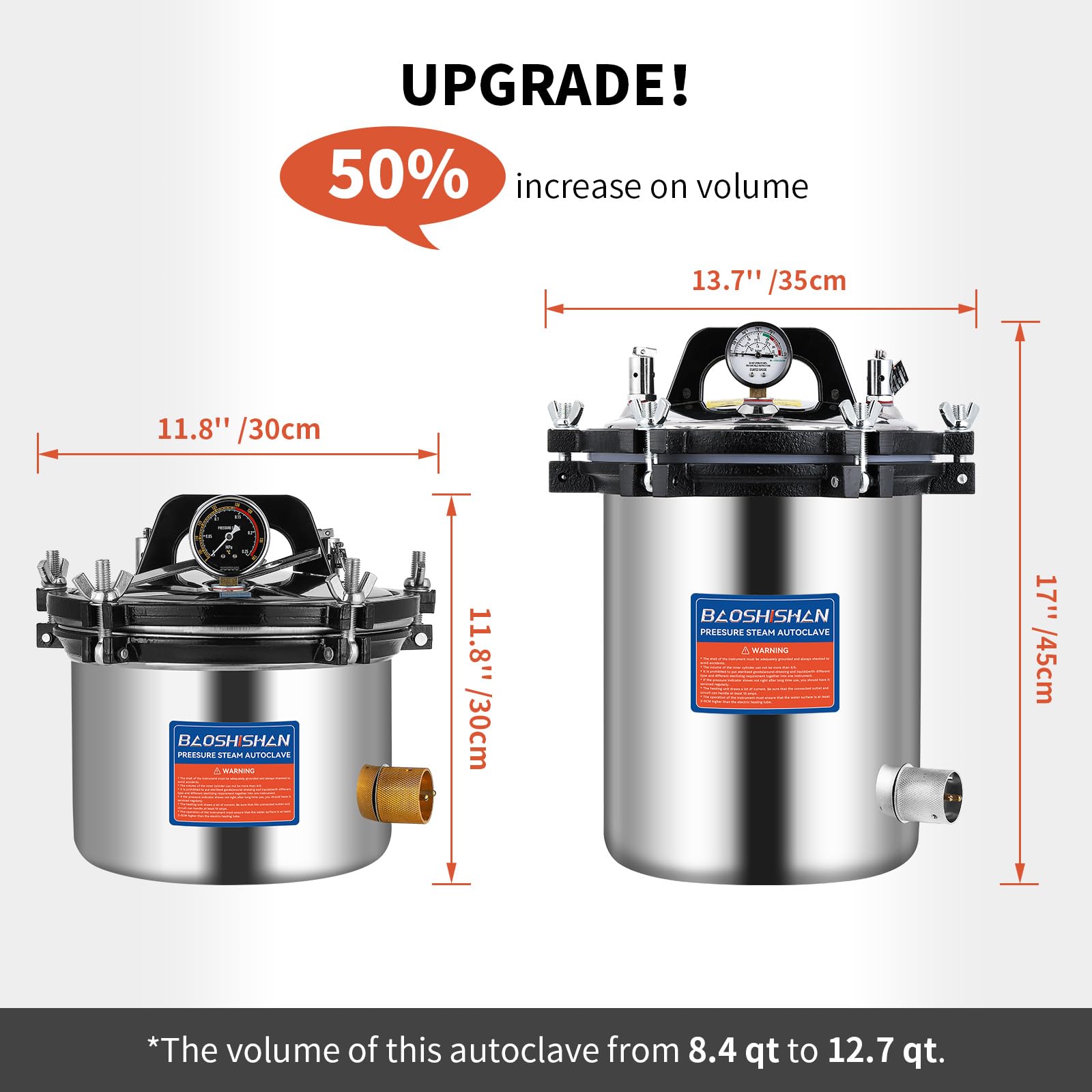 BAOSHISHAN 12L Steam Autoclave 12.7 QT Stainless Steel Portable Pressure Autoclave 1KW 110V