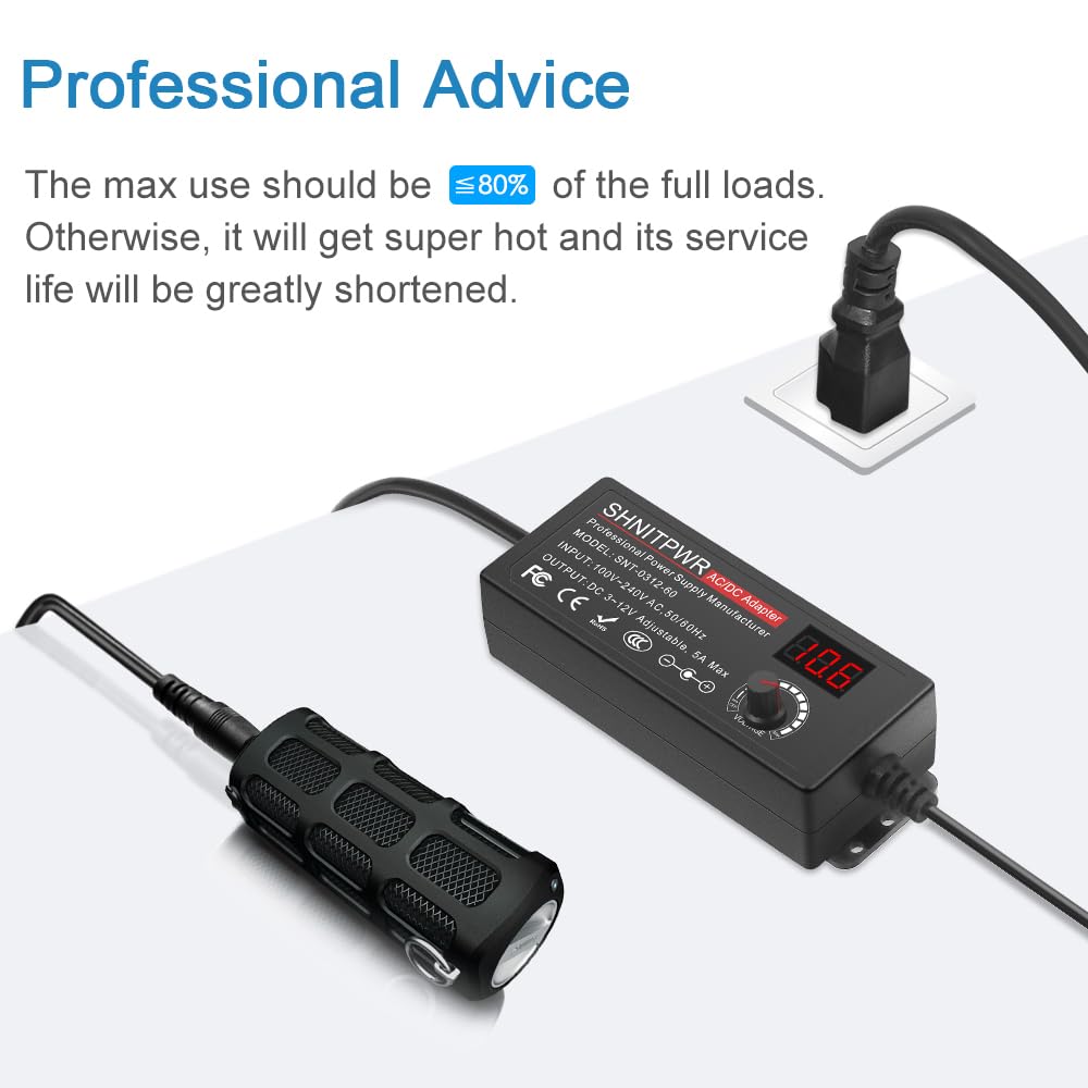 SHNITPWR 60W Universal Power Supply DC 3V 4V 4.5V 5V 6V 7V 7.5V 8V 9V 10V 11V 12V Adjustable Variable Power Adapter 100V-240V AC to DC Converter 1A 2A 2.5A 3A 4A 5A with 14 Tips & Polarity Converter