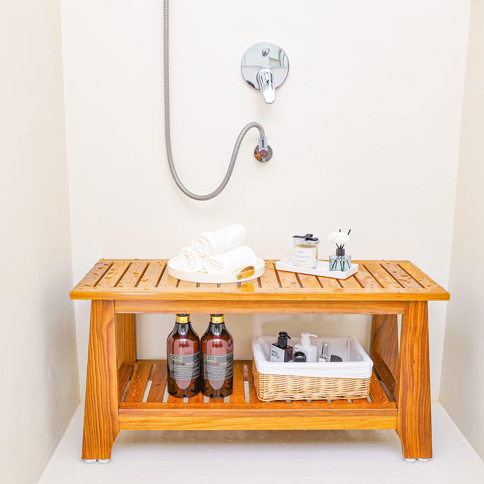 24" Teak Shower Bench with Shelf/Shower Benches for Inside Shower/Teak Shower Seat/Bathroom Bench/Teak Wood Benches for Showers/for Spa, Showers, Pools and Other Wet Environments,Patented Designs.