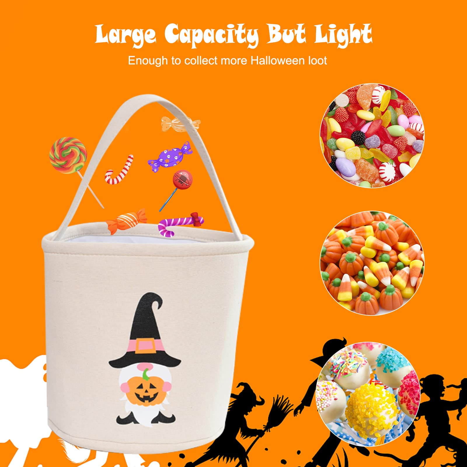 3 Pack Halloween Trick or Treat Treating Buckets Candy Basket Tote Bag for Kids Cute Bags Gnomes