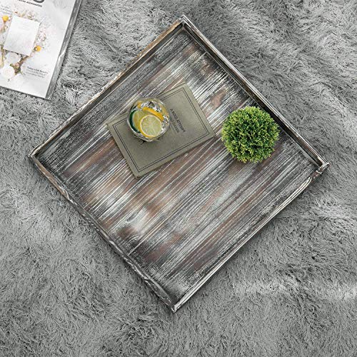 MyGift 19-inch Square Rustic Torched Wood Ottoman Tray with Vintage Metal Side Accent Wraps