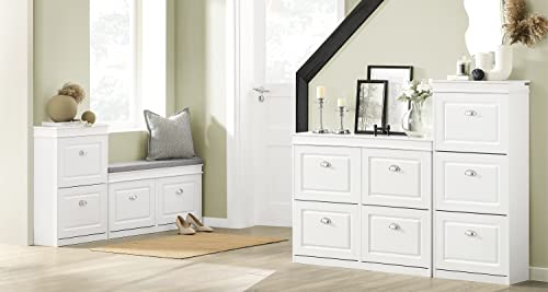Haotian FSR64-W, White Storage Bench with Drawers & Padded Seat Cushion, Hallway Bench Shoe Cabinet Shoe Bench