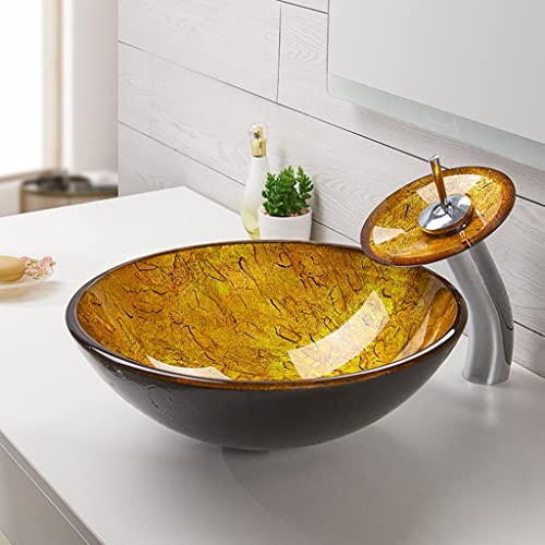 Bathroom Sink Bathroom Vessel Sink Modern Art Simple Tempered Glass Bathroom Sink Round Countertop Bowl Sink Vessel Sink (Color : Sink set)