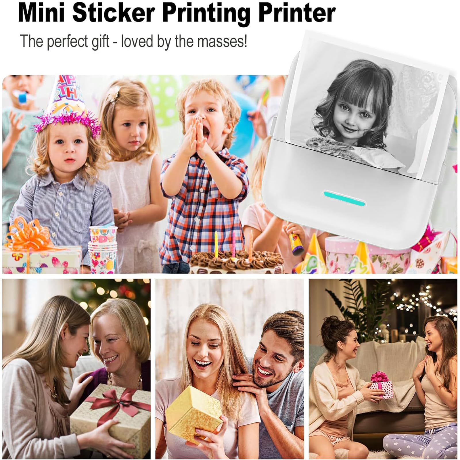 TVAIGER Mini Pocket Bluetooth Printer, Portable Thermal Sticker Printer with 13 Rolls Printing Paper for Journal, DIY Scrapbook, Travel, Notes, Memo, Receipt Printer for Kids Women Gifts (Black White)