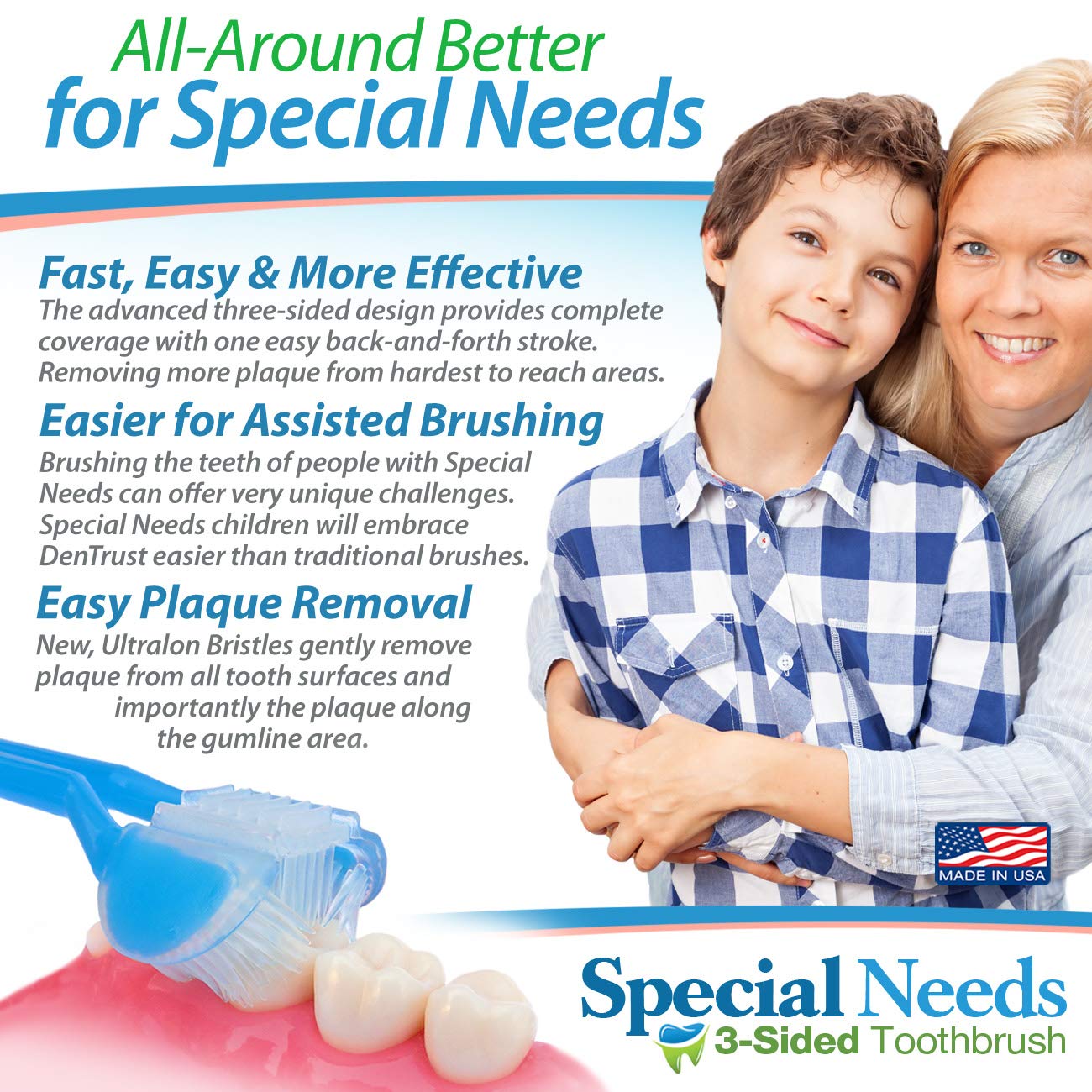DenTrust 2-PK for Special Needs | The Only Child-Safe 3-Sided Toothbrush | Made in USA | Fast Easy & Clinically Proven | Autism ASD Autistic Asperger Therapy Parent Caregiver Tactile Sensory Calming