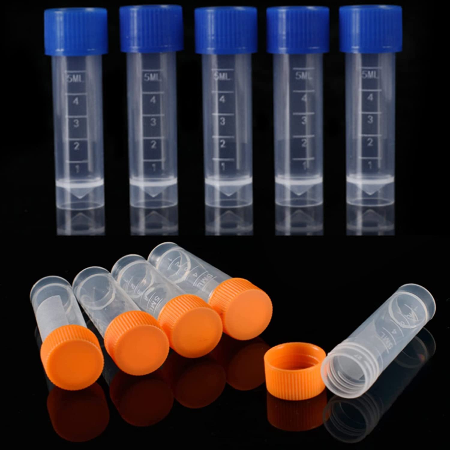 50 Pack 5ml Cryo Tubes,Plastic Graduated Vial Tube with Screw Caps,Small Test Sample Bottles Tubes Container with Lid,PP Material ,with Silica Gel Gasket (50) Bagged Blue and Orange