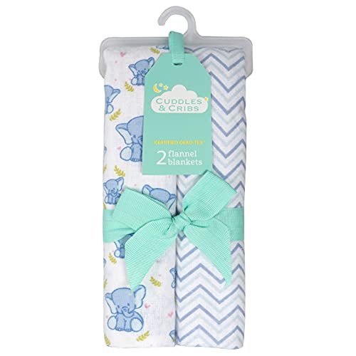 Cuddles & Cribs Baby Receiving Blankets – 100% Cotton Flannel Receiving Blankets - Elephant & Stripes - Pack of 2-30 x 30 Inch