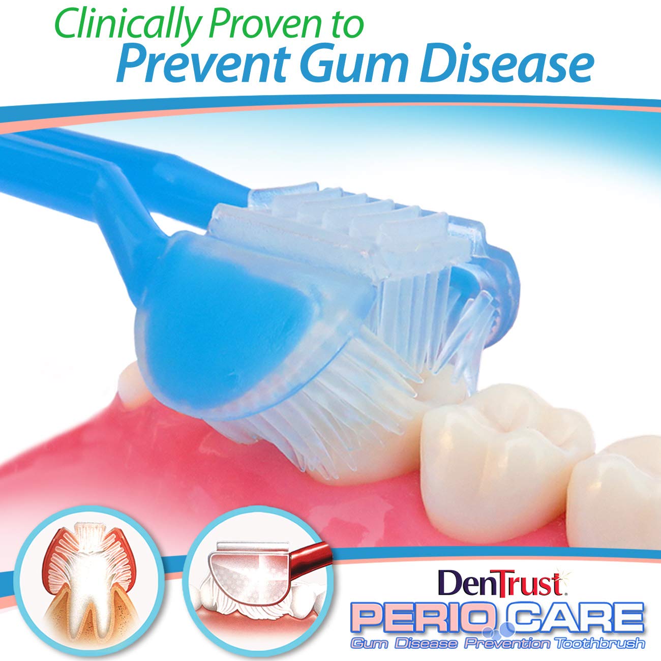 DenTrust 4-PK Periocare 3-Sided Toothbrush | Gentle Gum Massage | Ultra Soft for Sensitive Gums | Made in USA | Tongue Scraper