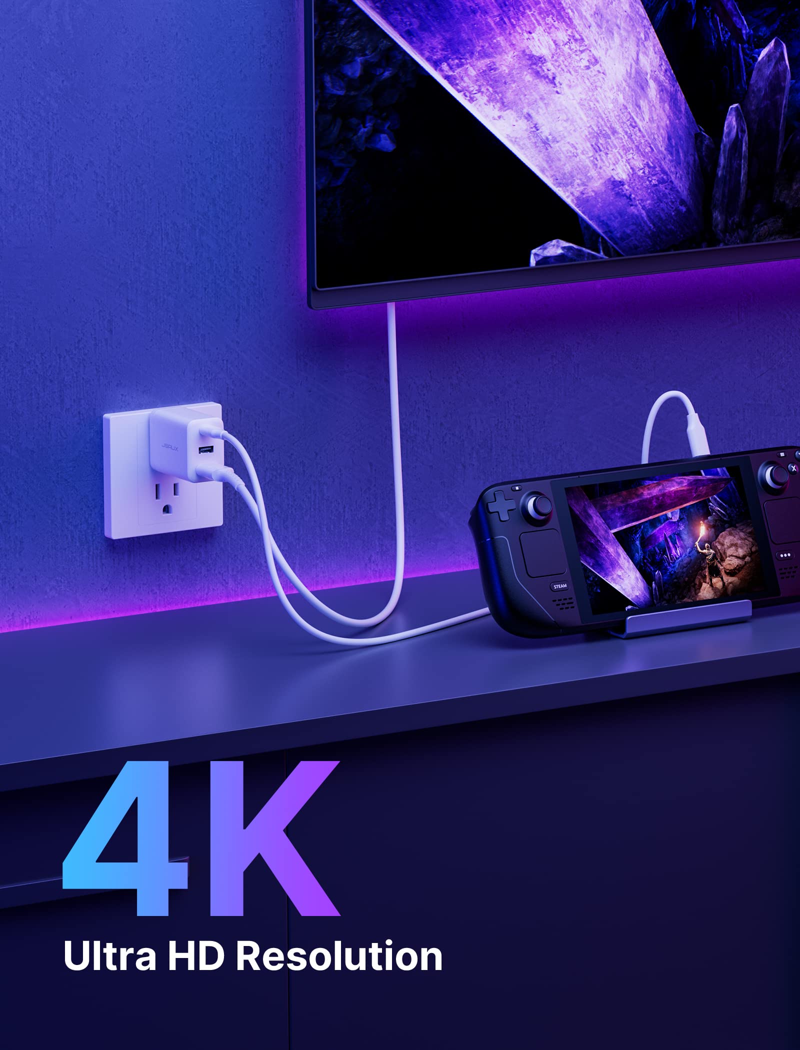45W Charger Dock for Steam Deck, JSAUX 3-Port Dock Station [USB-C/USB-A/4K HDMI] with 3.3FT USB C 3.1 Cable, Foldable AC Charger Adapter Compatible with Steam Deck, Switch, MacBook, iPad and Samsung