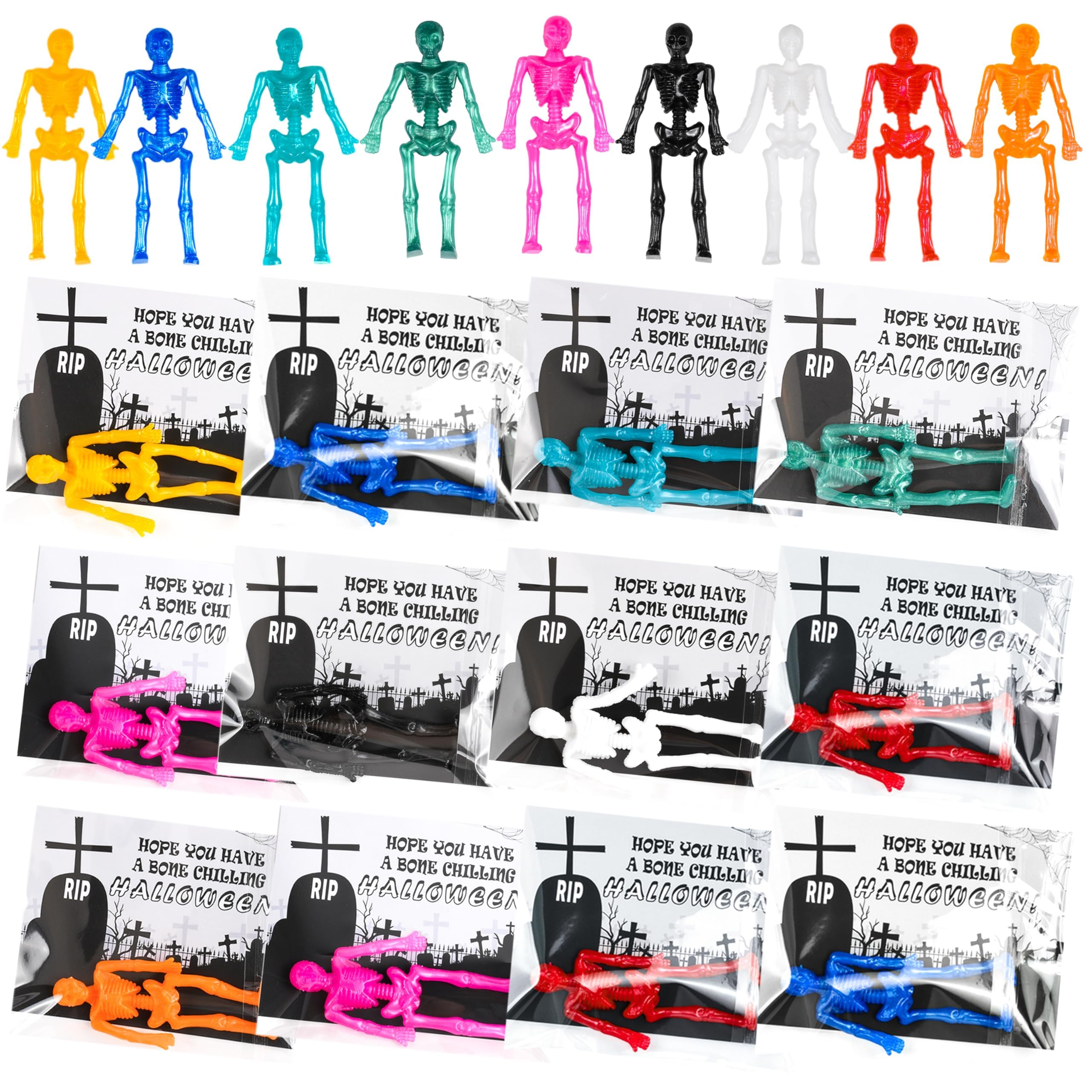 28 Pack Halloween Stretchy Skeleton Toys Kit, Bendable Skeletons Toys Assorted Color Stretchy Skull Squishy Toys Halloween Goody Bag Fillers for Classroom Prizes, Serves 28 Students