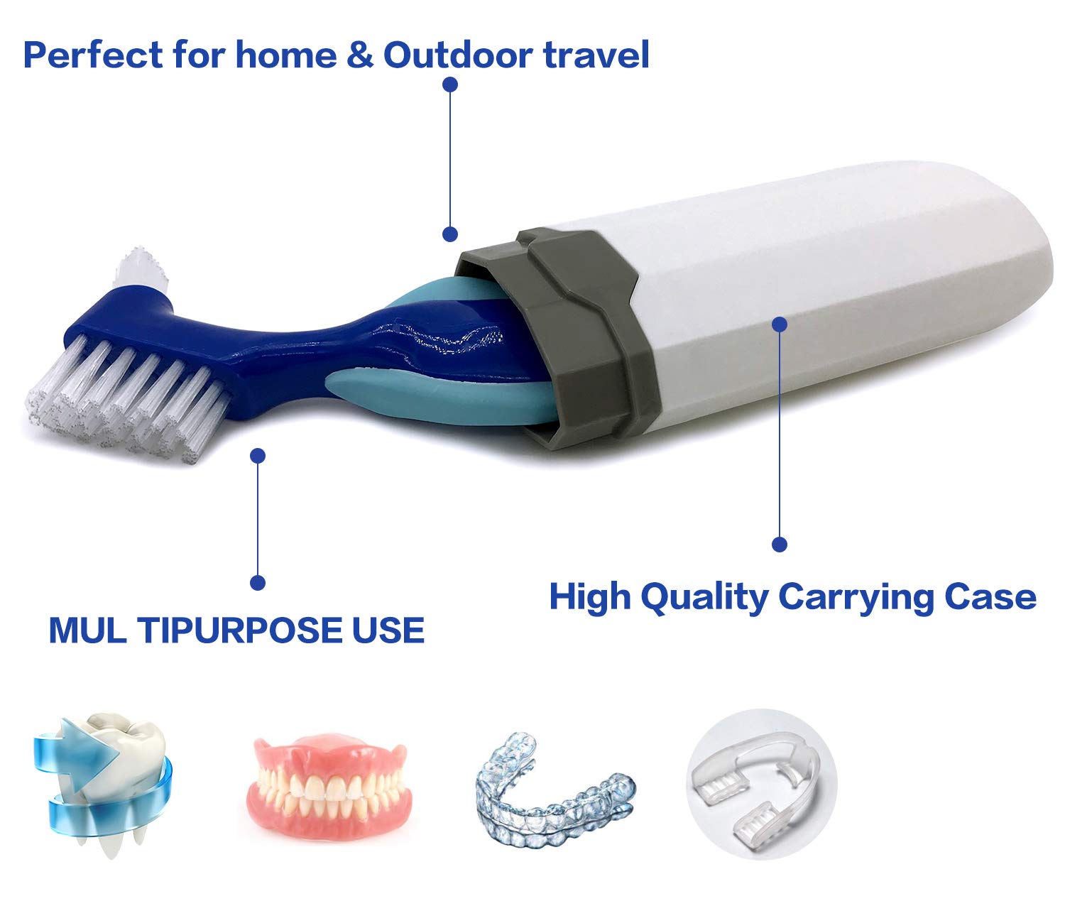 Denture Case,Denture Cups Bath, Toothbrush with hard denture, Dentures Container with Basket Denture Holder for Travel,Mouth Guard Night Gum Retainer Container (Blue)