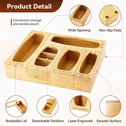 Art Secret Food Storage Bag Organizer Holder, Bamboo Storage Dispenser, Sandwich Bag Organizer for Gallon, Quart, Sandwich, Snack Variety Size Bag - Set of 5