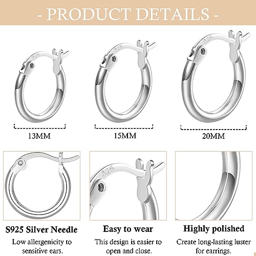 3 Pairs 925 Sterling Silver Hoop Earrings | Small White Gold Plated Hoop Earrings for Women (13mm, 15mm, 20mm)