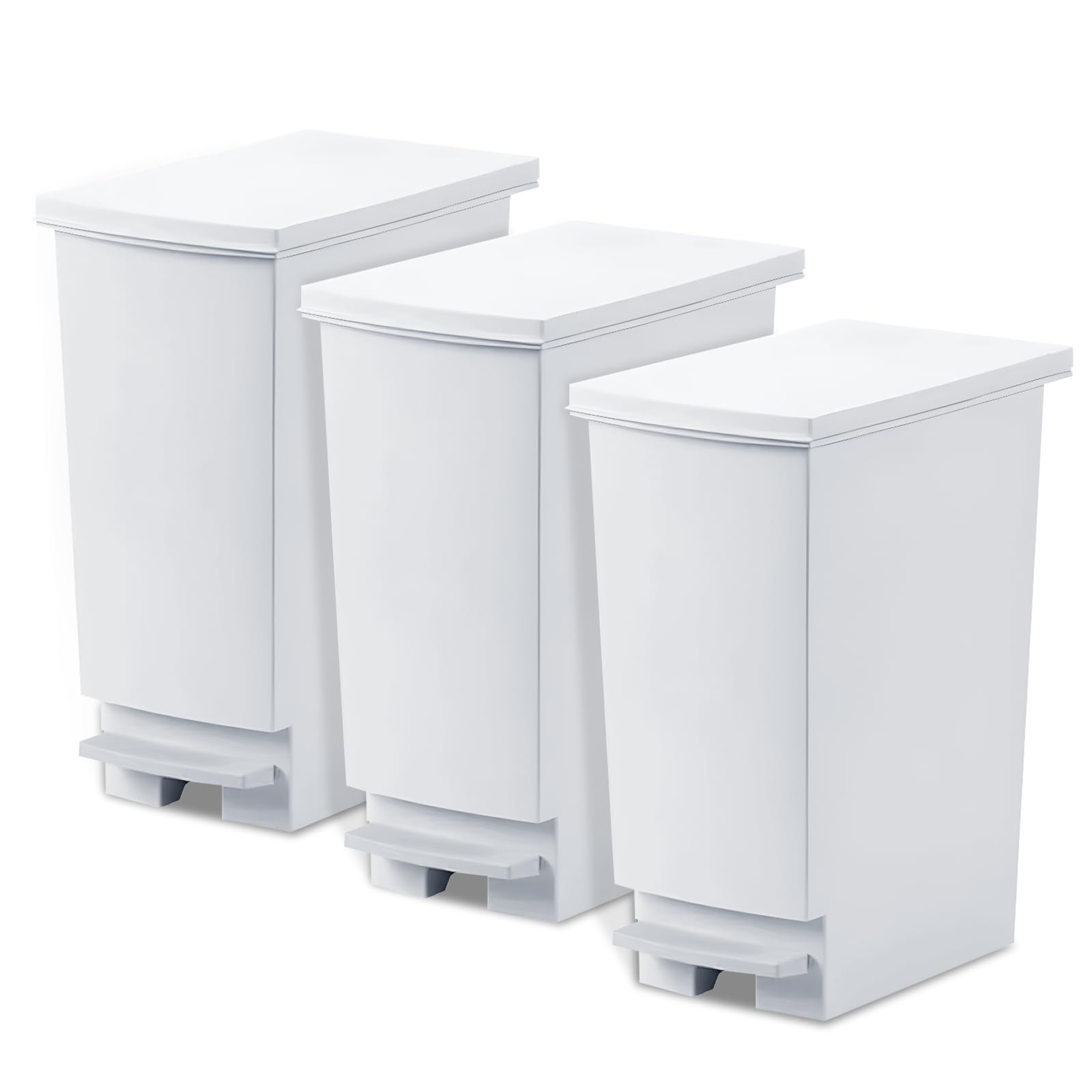 3 Pack Large Trash Can With Lid and Foot Pedal, 8 Gallon Slim Kitchen Trash Can Step On, Hands Free Recycling White Kitchen Garbage Can Plastic - Odor Block, 9 Inch Wide Trash Can Fit For Narrow Space