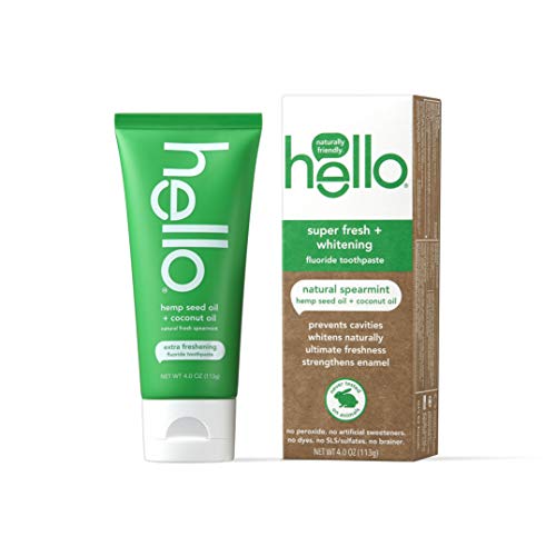 Hello Vegan Fluoride Toothpaste, Moisturizing Hemp Seed Oil + Coconut Oil, Super Fresh Family Farmed Spearmint, Naturally Whitening Toothpaste, Helps Remove Plaque, 4 Ounce
