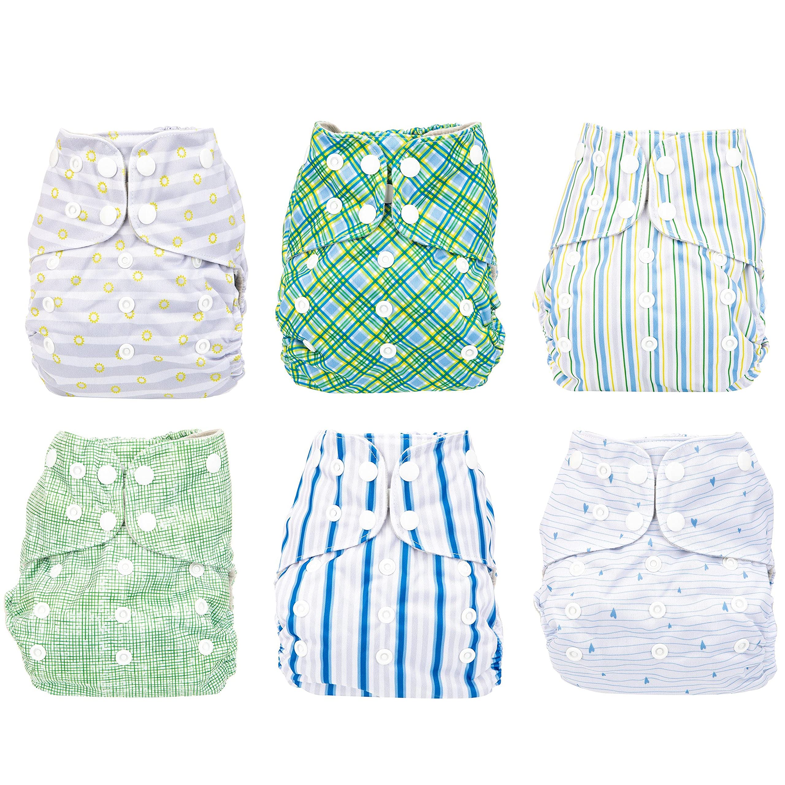 Simple Being Reusable Cloth Diapers, Double Gusset, One Size Adjustable, Washable Soft Absorbent, Waterproof Cover, Eco-Friendly Unisex Baby Girl Boy, six 4-Layers Microfiber Inserts (Boy Stripe)