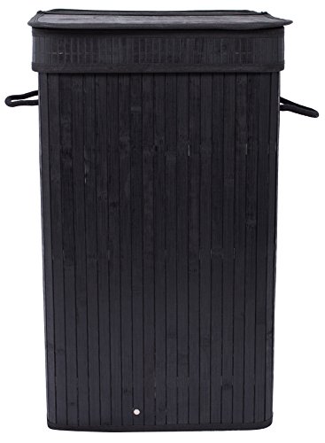 BIRDROCK HOME Square Laundry Hamper with Lid and Cloth Liner - Bamboo - Black - Easily Transport Laundry Basket - Collapsible Hamper - String Handles