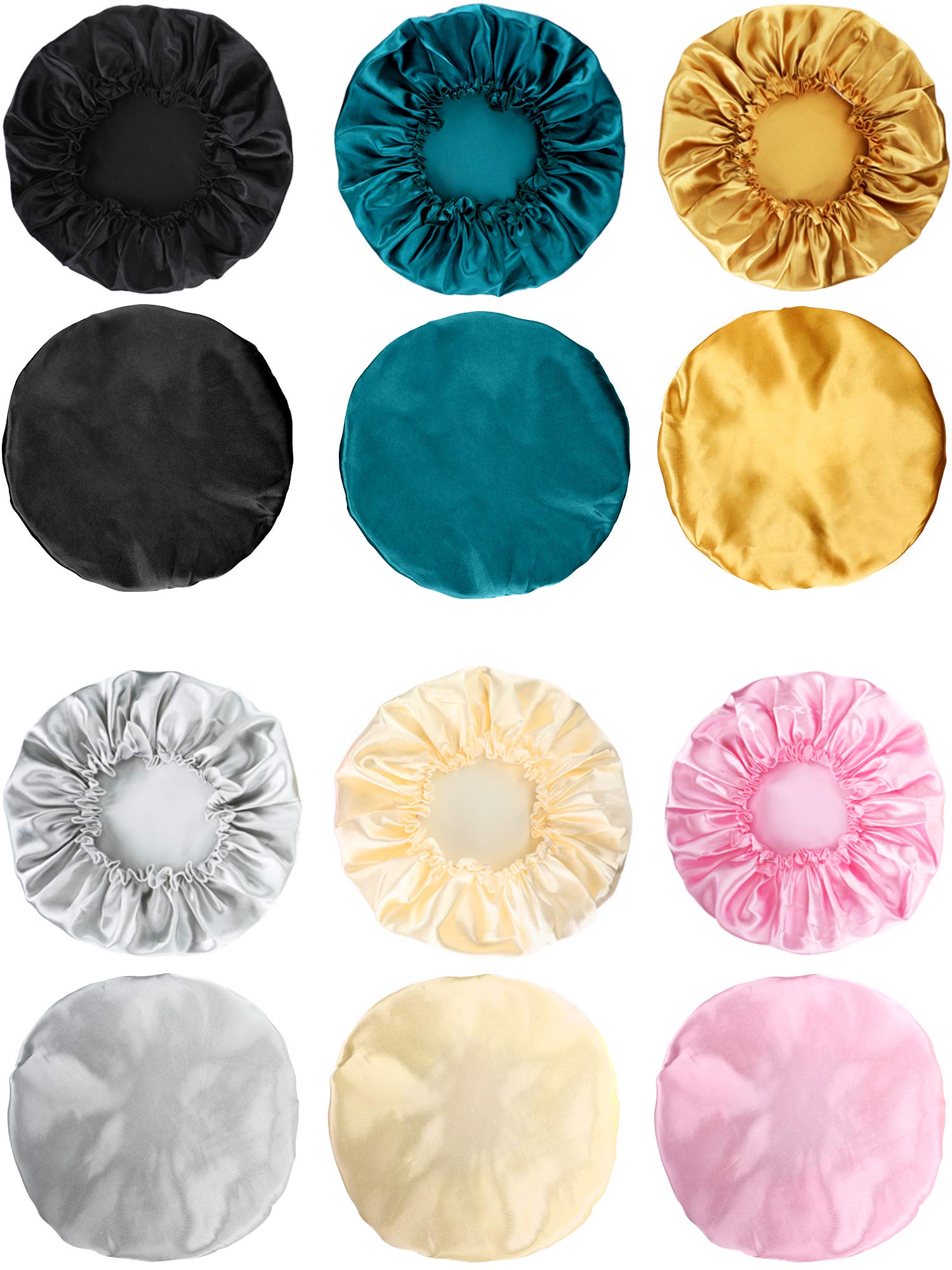 Syhood 6 Pieces Sleep Cap Satin Bonnet Sleeping Hat Soft Elastic Night Hair Cover for Women(Black, Beige, Silver, Gold, Pink, Peacock Blue,Medium)