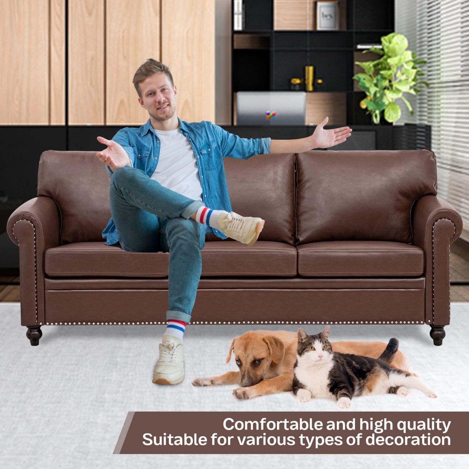 TINGMAMADEHUA Modern Brown Faux Leather Sofa β 3-Seater Couch for Living Room, Comfy Upholstered Design with Tufted Detachable Back Cushions, Traditional Rolled Arms, and Nailhead Trim β Easy Assembly