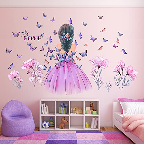 Butterfly Girl Wall Stickers Flower Fairy Wall Decal Pink Floral Wall Mural Colorful Butterflies Wall Decor DIY Removable Vinyl Wall Art for Girls Baby Nursery Bedroom Playroom