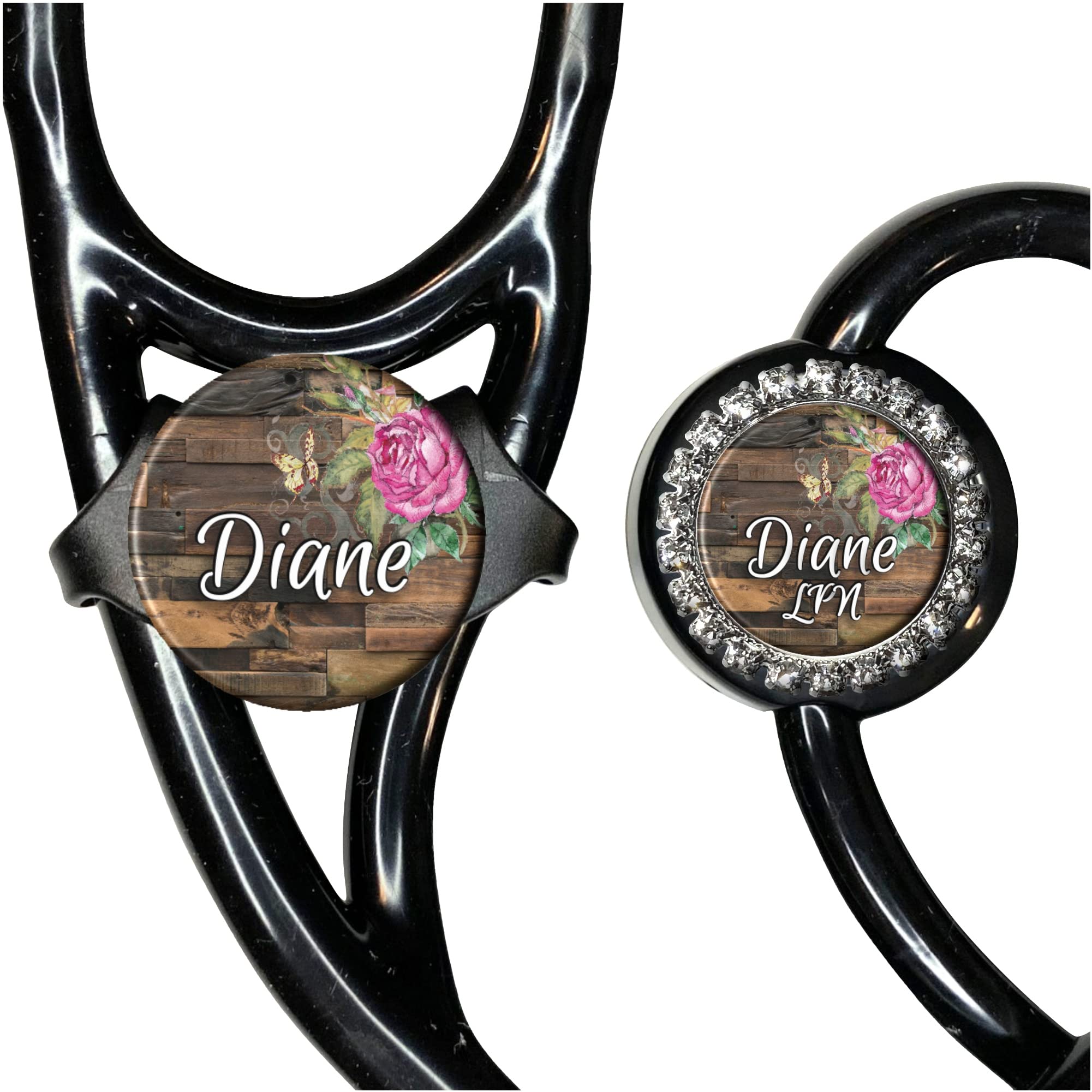Wood Floral Adjustable Stethoscope ID Name Tag - Choose Tag Style and Color, Custom Fonts, Design Size and Decorative Frame - Hospital Nurse Identification