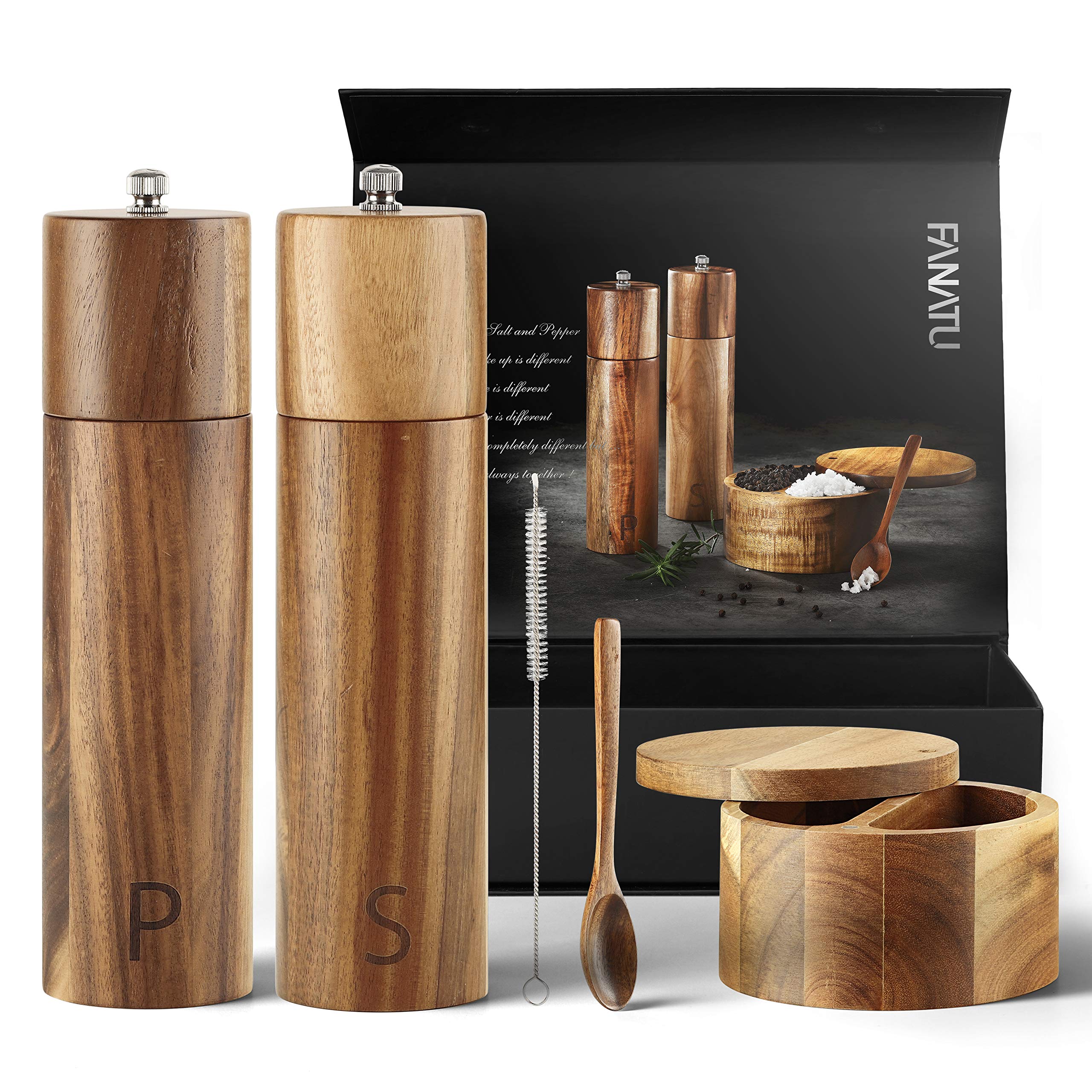 Wooden Salt and Pepper Grinder Set - Premium Set Includes Salt and Pepper Mill/Box with Swivel Lid, Spoon & Cleaner Tool - Perfect Salt and Pepper Shakers Gift (8 inch)