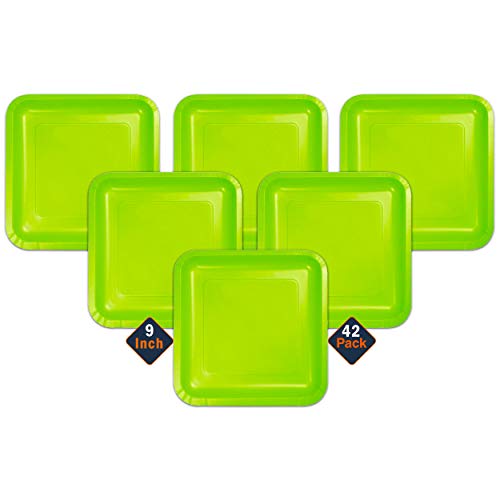 Premium Square Paper Plate Set - 42 Pc Bulk Heavy Duty Square Paper Dinner Plates | Green, Lime Green, Party Supplies, Wedding Supplies (9 Inch)