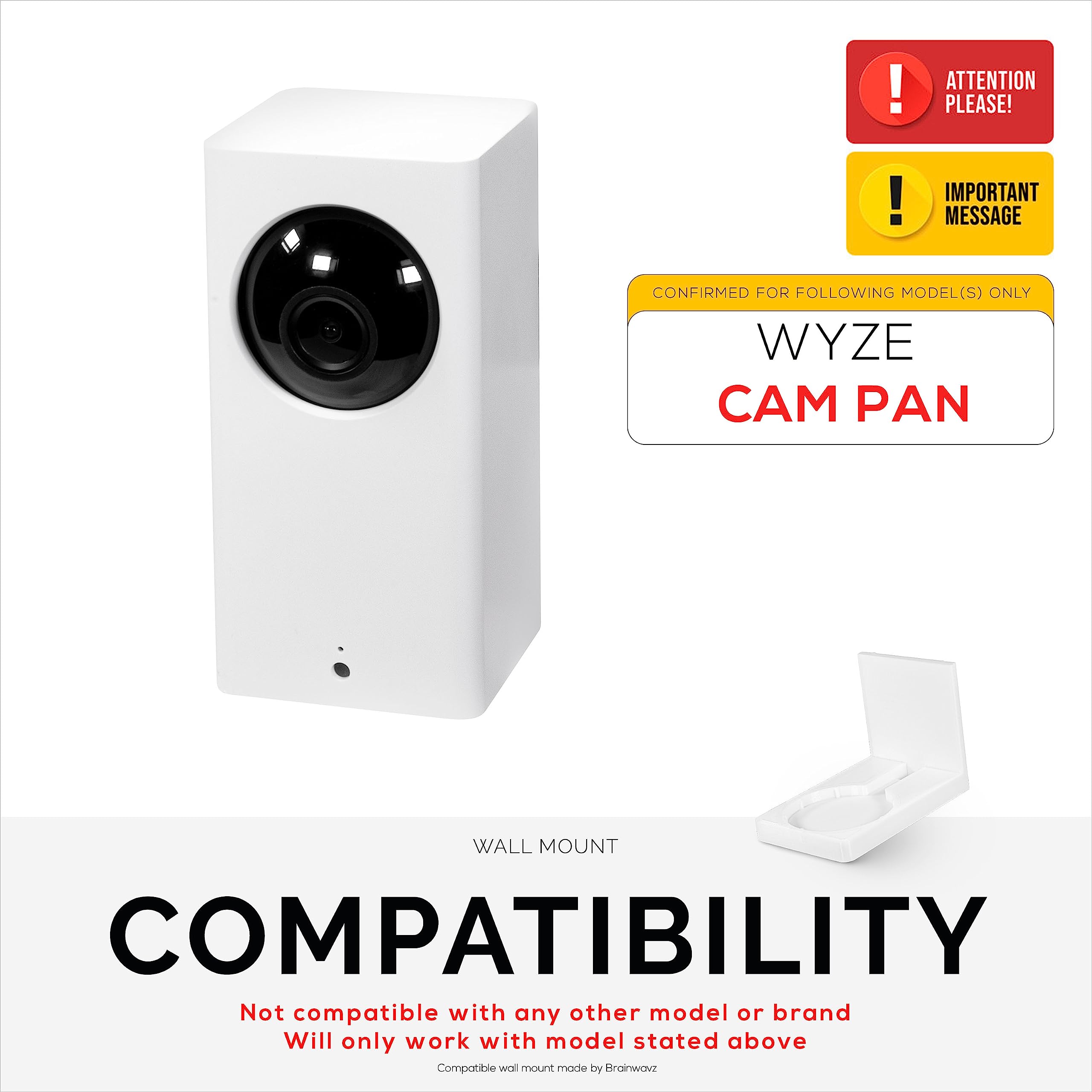 Screwless Tilted Wall Mount Kit Compatible with Wyze Cam Pan, VHB Stick On, Full Tilt & Pan Function, No Mess, No Drilling, Strong Adheasive Mount, Angled Down White by Brainwavz