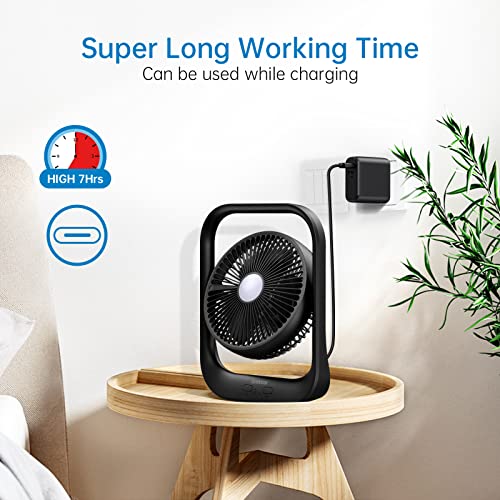 Acekool Battery Operated Fan, Camping Fan with Night Light, 3 Speeds Portable Desk Fan,135°Rotation, Rechargeable Quiet Table Fan for Office, Bedroom, Travel, Camping (Deep Black)