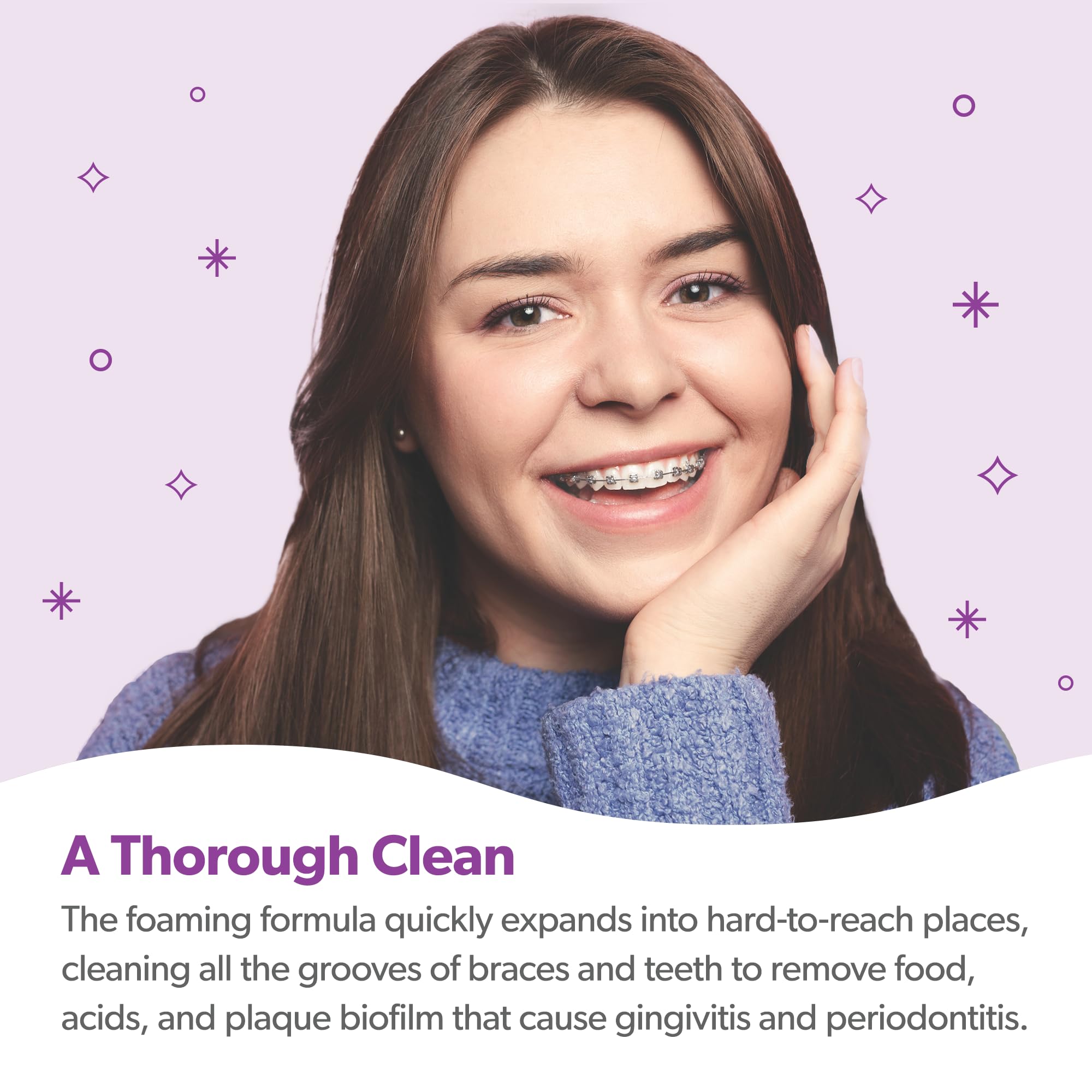 EverSmile OrthoFoam Braces Cleaner — Brushable Foam Whitens Teeth, Eliminates Bacteria, Fights Plaque and Bad Breath – Cleans Under Metal, Ceramic, Clear Brackets and Wires – 50ml