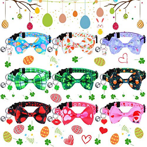 9 Pcs Holiday Cat Collars Easter Breakaway Cat Collar with Bow Tie and Bell Adjustable St. Patrick's Day Valentine's Day and Safety Buckle Collars for Kitten Puppy Festivals and Daily (Medium)
