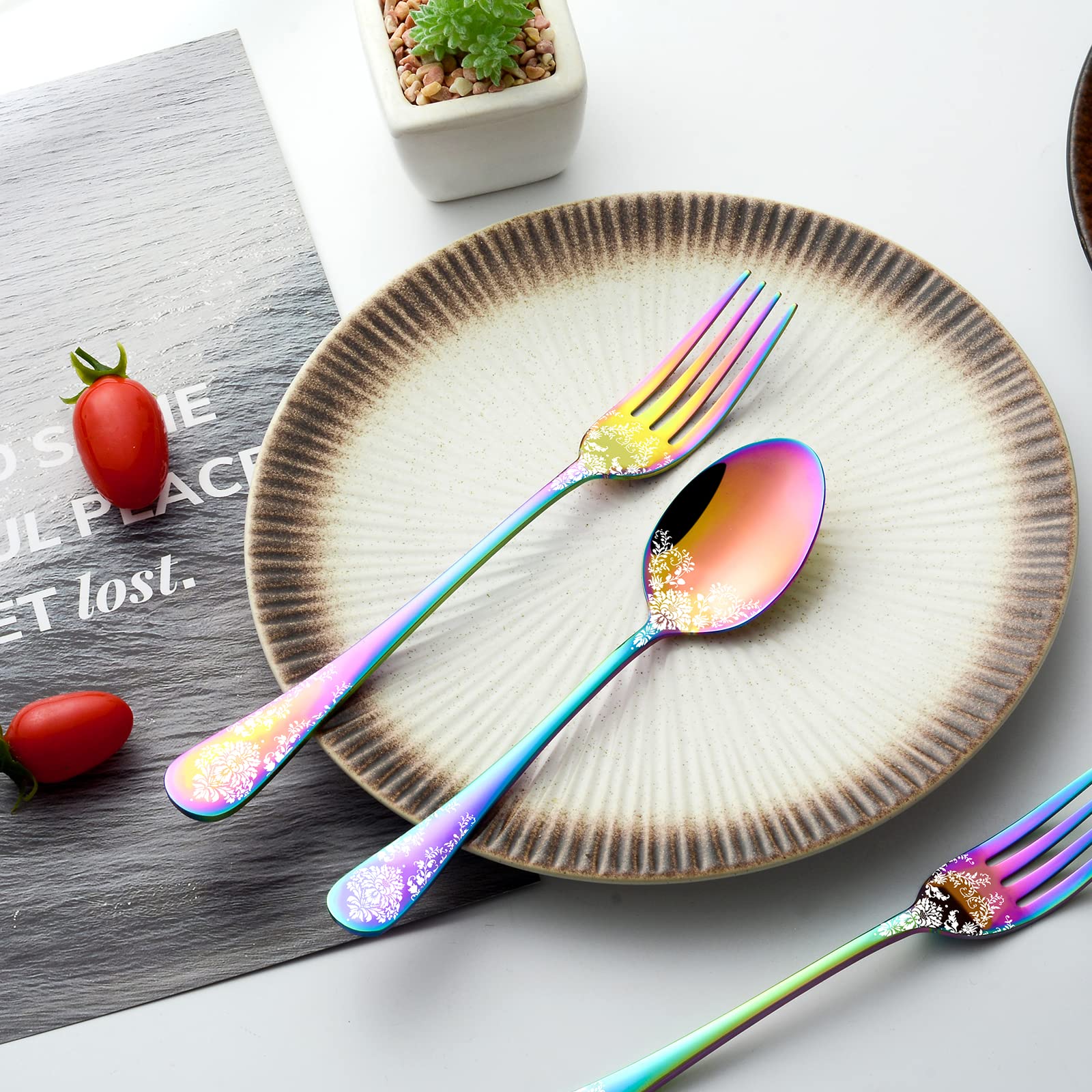 24-Piece Rainbow Spoons and Forks Silverware Set for 12, LaienLife Unique Stainless Steel Flatware Set of Forks Spoons, Modern Utensils Cutlery Service for Home Kitchen Restaurant, Mirror Polished