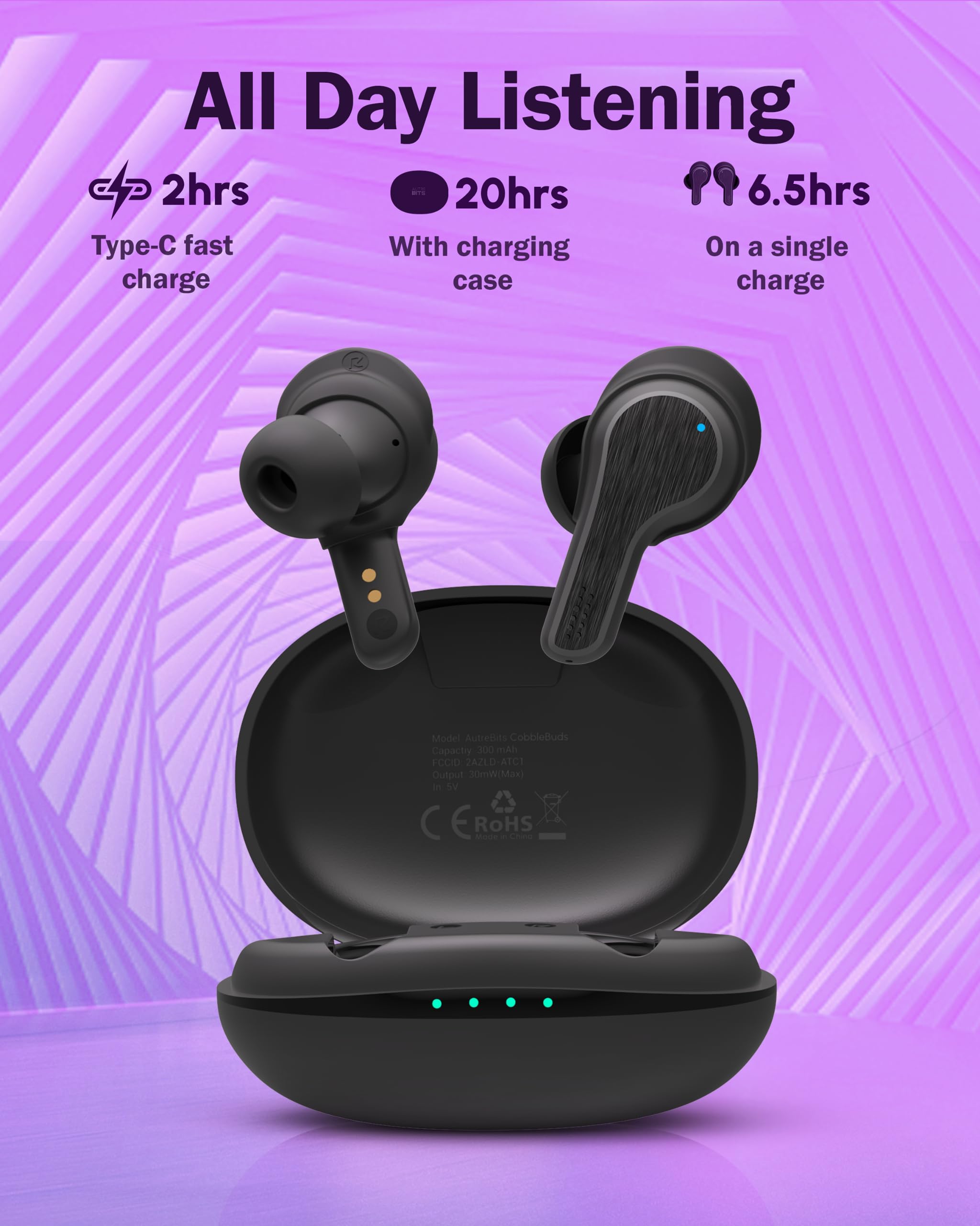 autrebits Wireless Earbuds iOS/Android, Earbuds 26H Playback Bluetooth 5.2 Headphones in Ear Lightweight with Powerful Sound Charging-case Eartips IPX4 Waterproof for Workout Relaxing, Black