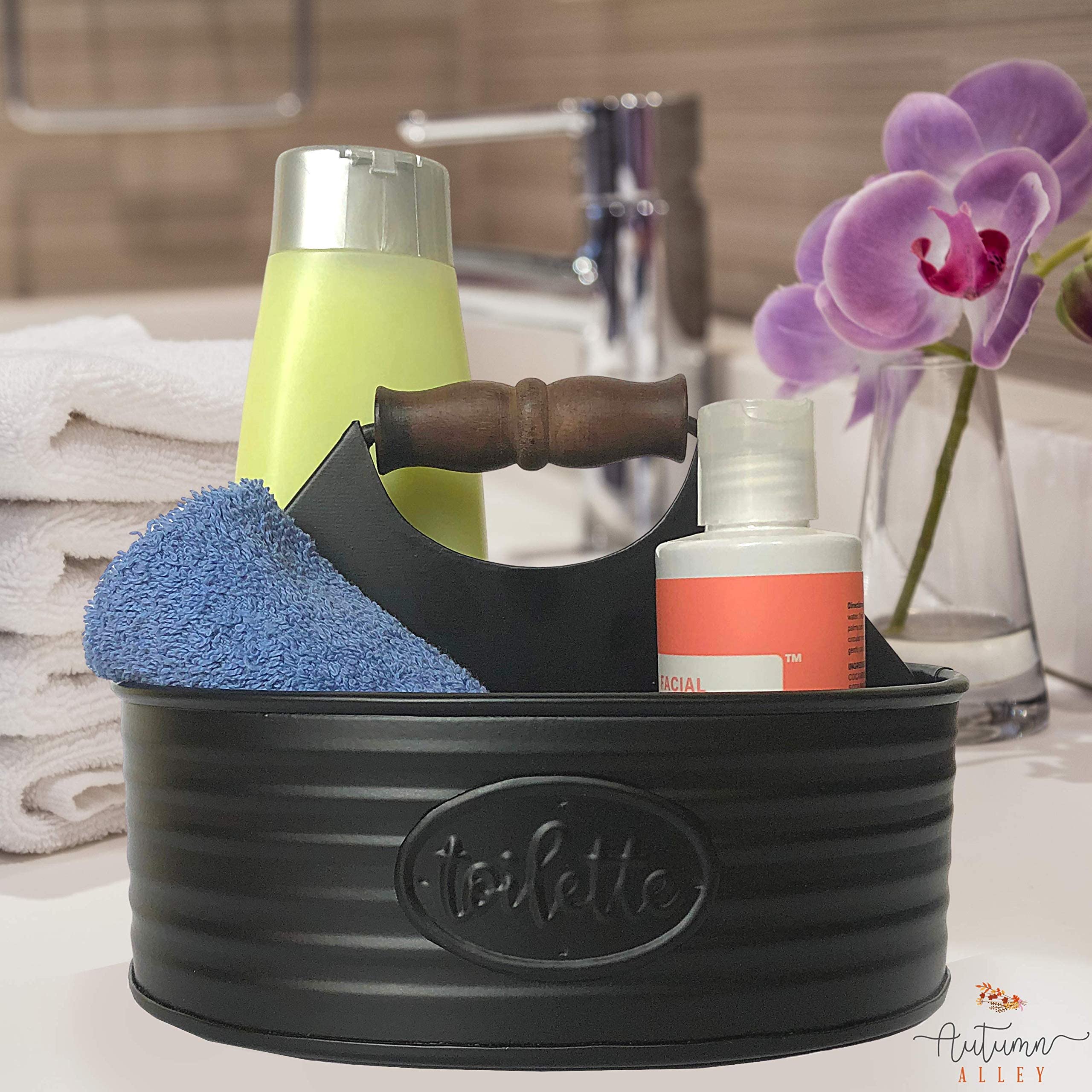Autumn Alley Farmhouse Rustic Shower Caddy Basket for Bathroom - Toiletries Countertop Organizer, Decorative Bathroom Caddy, Bathroom Accessories with Toilette Label, 8.25" x 6", Black, Small