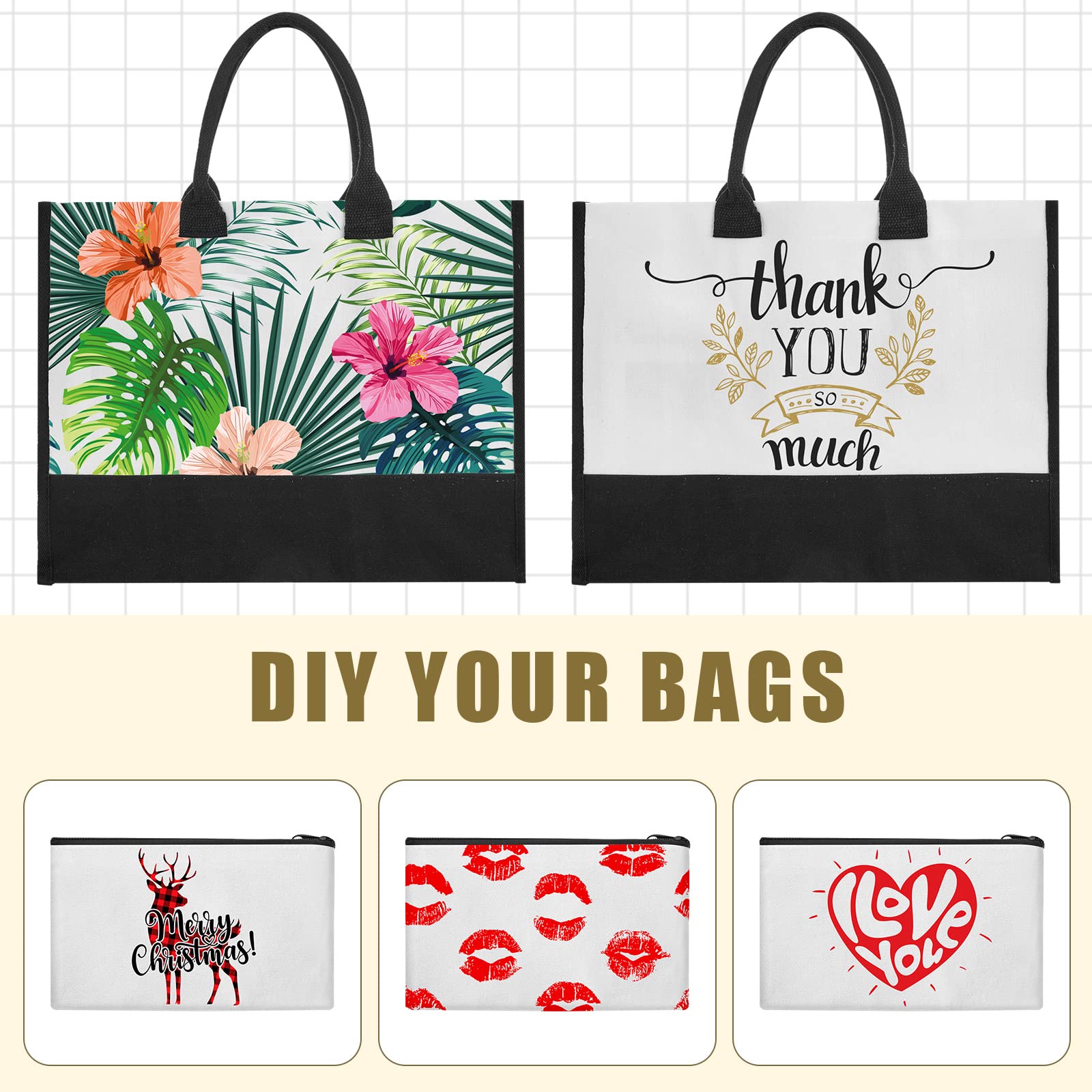 24 Pcs Beach Canvas Tote Bag with Canvas Makeup Bag Set Blank Initial Gift Bags for Women Personalized Kitchen Reusable Grocery Bags for Gift DIY Travel Shopping Bridesmaid Bride Wedding, Black White